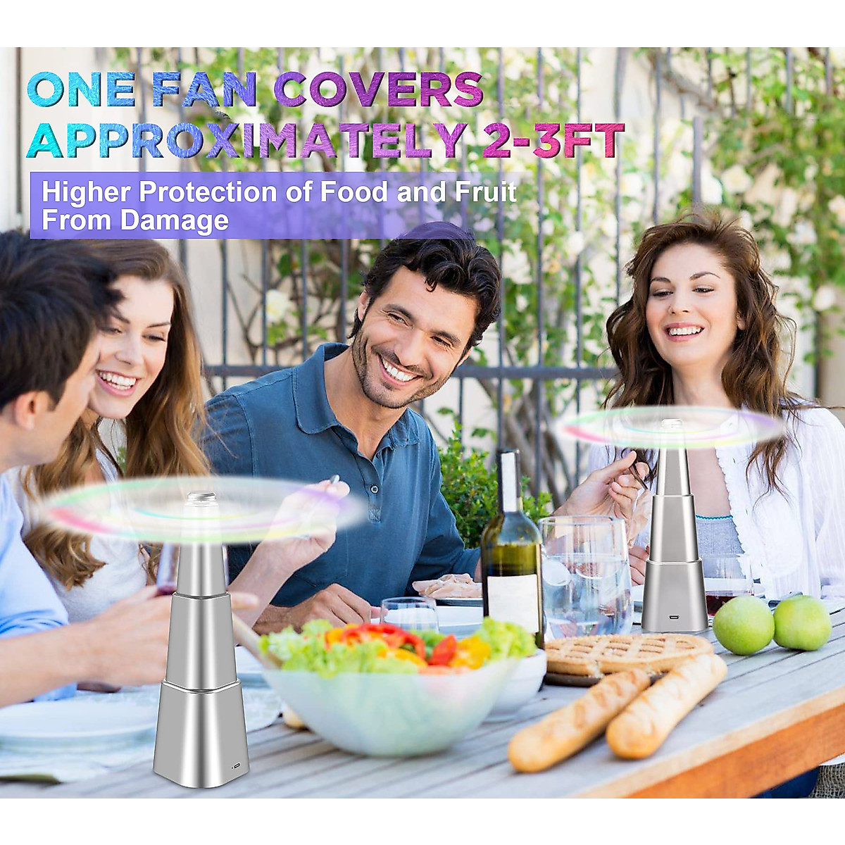 chemotex Fly Fan for Tables Rechargeable Fly Fans for Food Keeps Flies Away Fly Repellent Fans for Outdoor Table Top Bug Repellent Fan with Holographic Blades for Picnic (Silver, 3Packs)