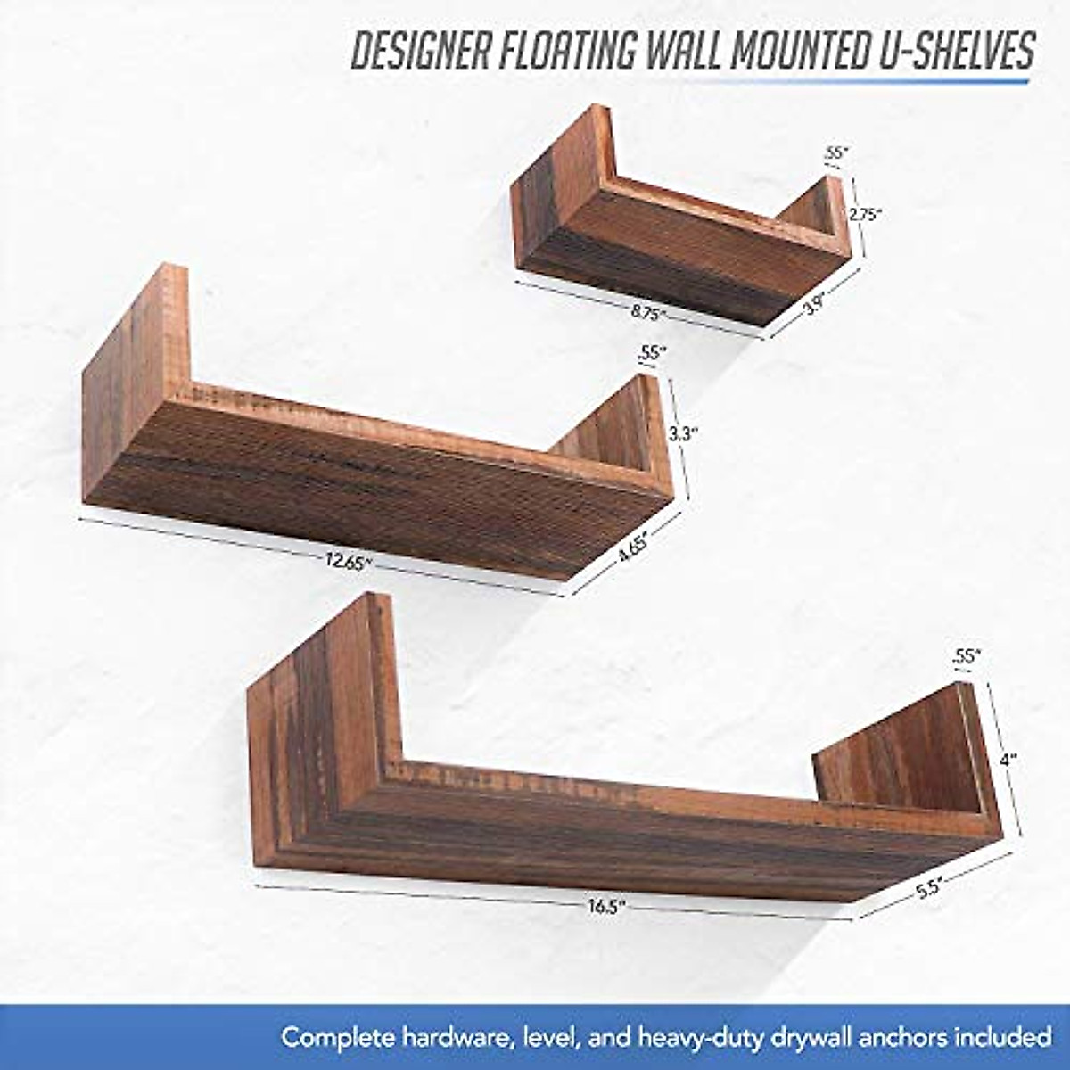 Under.Stated U Shaped Floating Wall Shelves - Rustic MDF with PVC Wall Mounted Display Rack | Multi-Purpose Hanging Shelves Set of 3 (Rustic Brown)