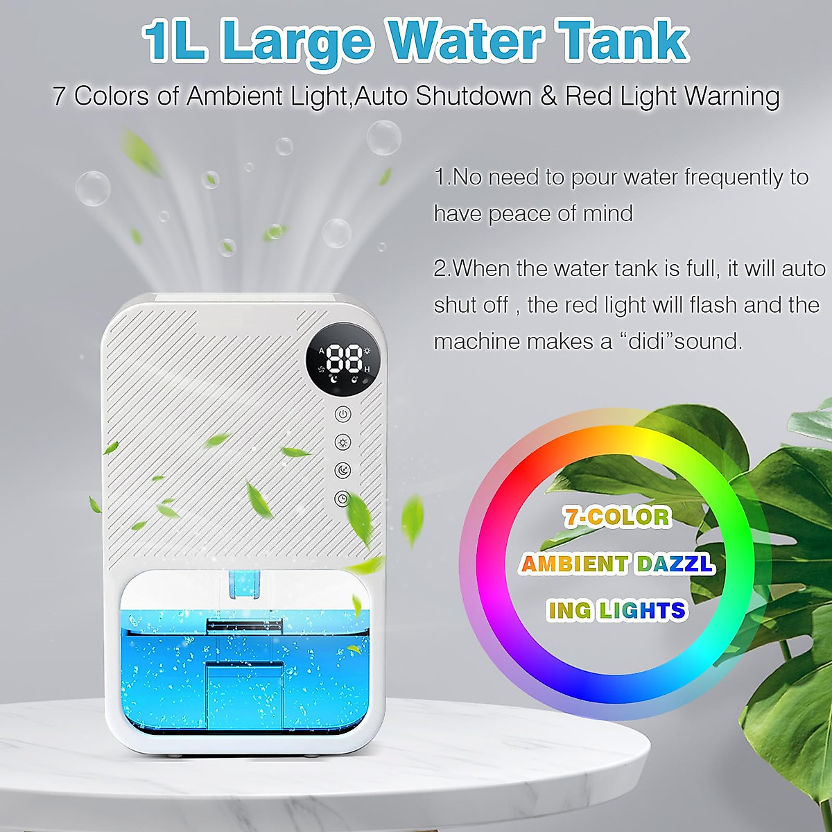 Dehumidifiers for Home with Digital Humidity Display, 37oz Basement Dehumidifier with 7 Colors LED, Auto Shut-Off, Timer & Laundry Dry, Small Dehumidifier for Bedroom, Bathroom, Basement, RV, Office