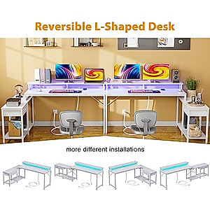 Furologee White L Shaped Desk with LED Lights & Power Outlet, Reversible Corner Computer Desk/91in Long Desk with Fabric Drawer and Shelves, Home Office Gaming Table with Monitor Stand-(55.1+39.4) in