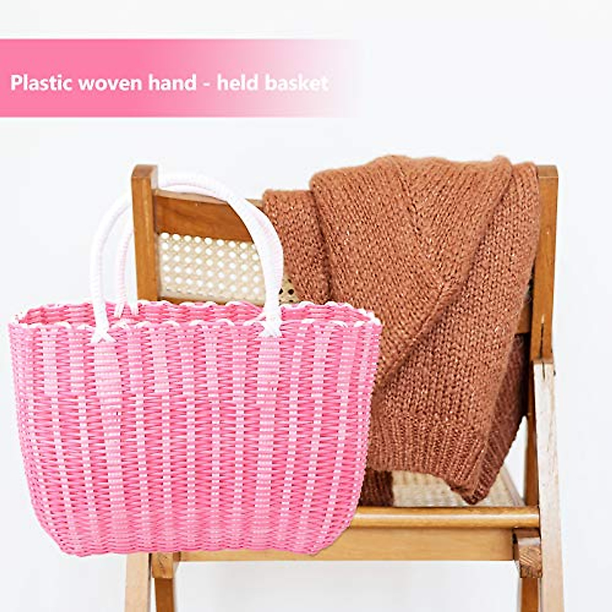 Housoutil Woven Grocery Bag, Plastic Market Basket Reusable Shopping Bag with Handle, Tote Bag Fruit and Vegetable Bags- Pink(About 35.00X24.00X14.00cm; 13.76X9.43X5.50in)
