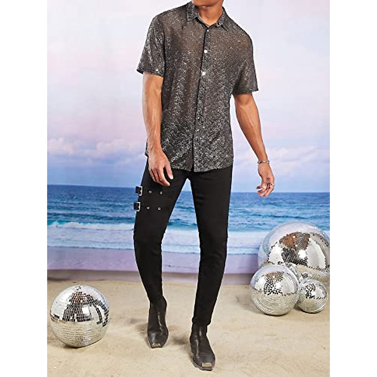 WDIRARA Men's Contrast Glitter Button Front Shirt Stand Collar Shirt Short Sleeve Tops Black XL