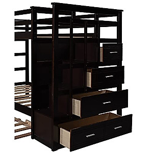 Harper & Bright Designs Wood Twin Bunk Bed for Kids, Twin Over Twin Bunk Bed Frame with Trundle and Staircase, Espresso