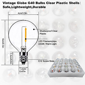 VTpower 50FT Outdoor String LED Lights G40 Shatterproof 0.6W Clear Globe Bulb E12 Base Hanging Lights with (2 Spare),Connectable for Indoor/Outside Garden Backyard Patio 50 Lamp Multicolor…