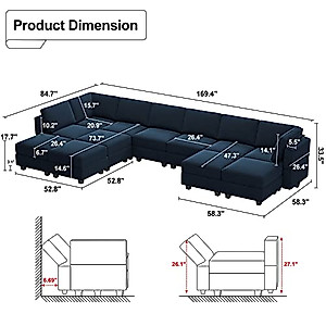 Belffin Oversized Modular Sectional Sofa U Shaped Sectional Couch with Reversible Double Chaises Velvet Modular Sectional Sleeper Sofa with Storage Blue