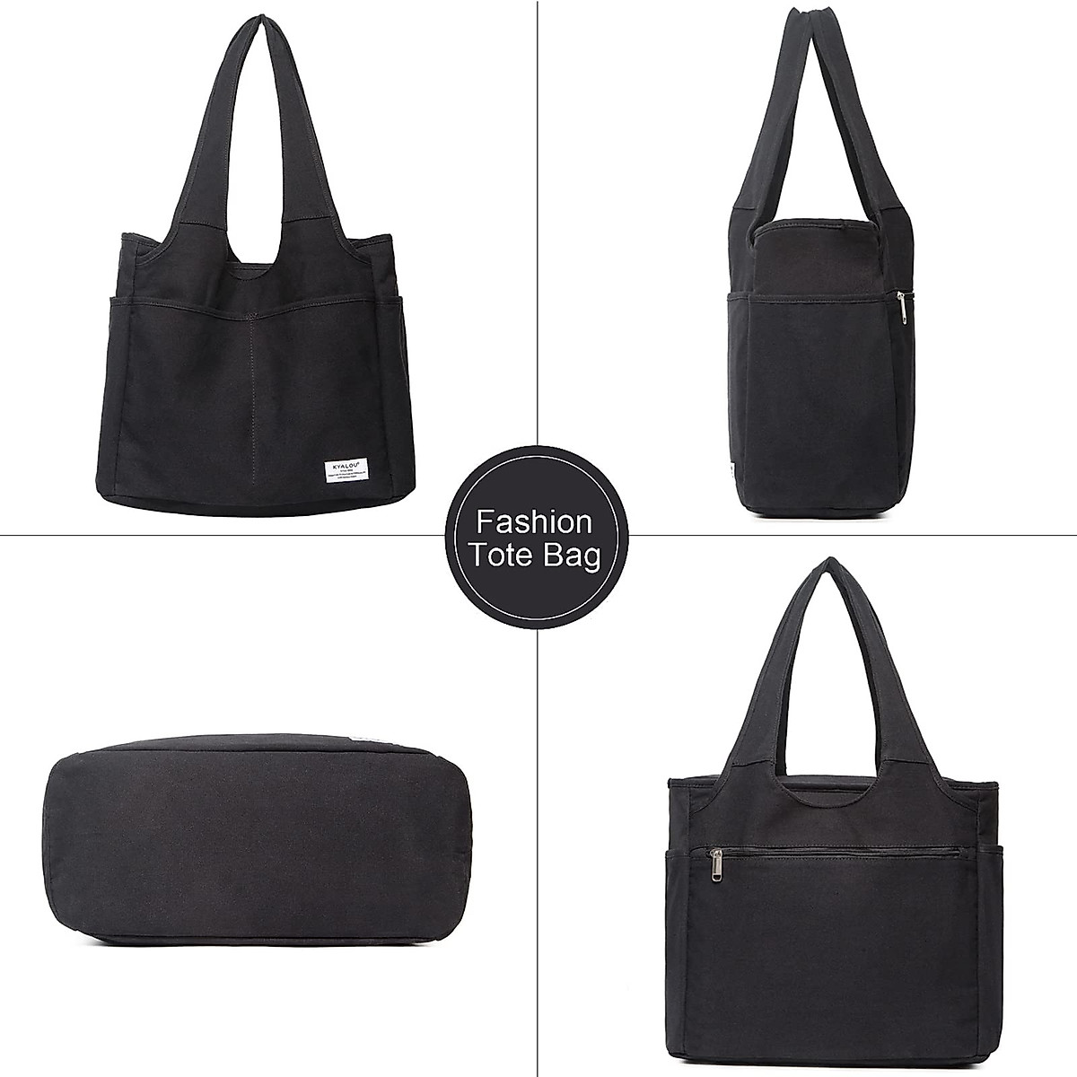 KYALOU Utility Large Tote Bag, Top Zipper Closure, Women Casual Shoulder Bags with 8 Pockets for Work School Travel Shopping Grocery Gym Pool Beach (Black)