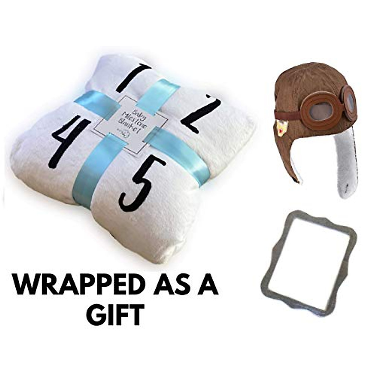 Baby Monthly Milestone Blanket | Includes Felt Frame and Baby Aviator Hat | 1 to 12 Months | Premium Extra Soft Fleece | Best Photography Backdrop Prop for Newborn Boy & Girl (Airplane Blanket)