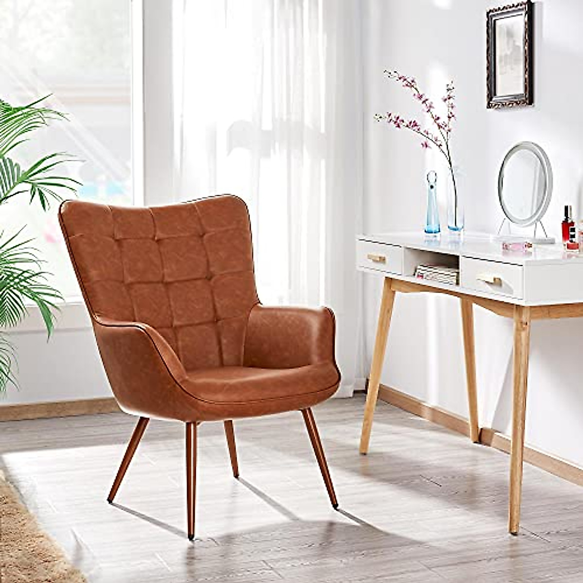 Topeakmart PU Leather Accent Chair, Modern Armchair with Tufted High Back, Oversized Vanity Chair Reading Chair for Living Room/Bedroom, Brown
