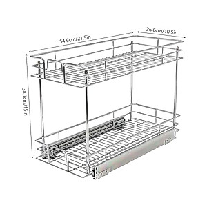 Pull Out Cabinet Organizer, 2-Tier Cabinet Pull Out Shelves Kitchen Cabinet Organizer Storage Kitchen Cabinet Pull Out Shelf and Drawer Organizer Slide Out Drawer Pantry Shelf (Silver, 10.5x21.5in)