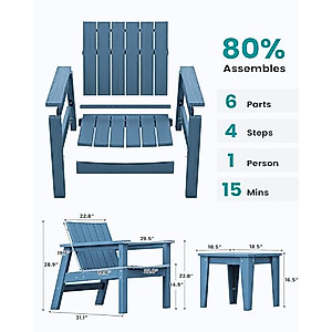 SERWALL Adirondack Chair Set with Side Table, HDPE Patio Bistro Set- Navy Blue