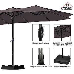 CASAINC 15 FT Patio Umbrella with Base Double-Sided Extra Large Outdoor Umbrella Market Rectangular Twin Umbrella w/Crank for Garden Deck Lawn Pool Backyard-Coffee (without Lights)