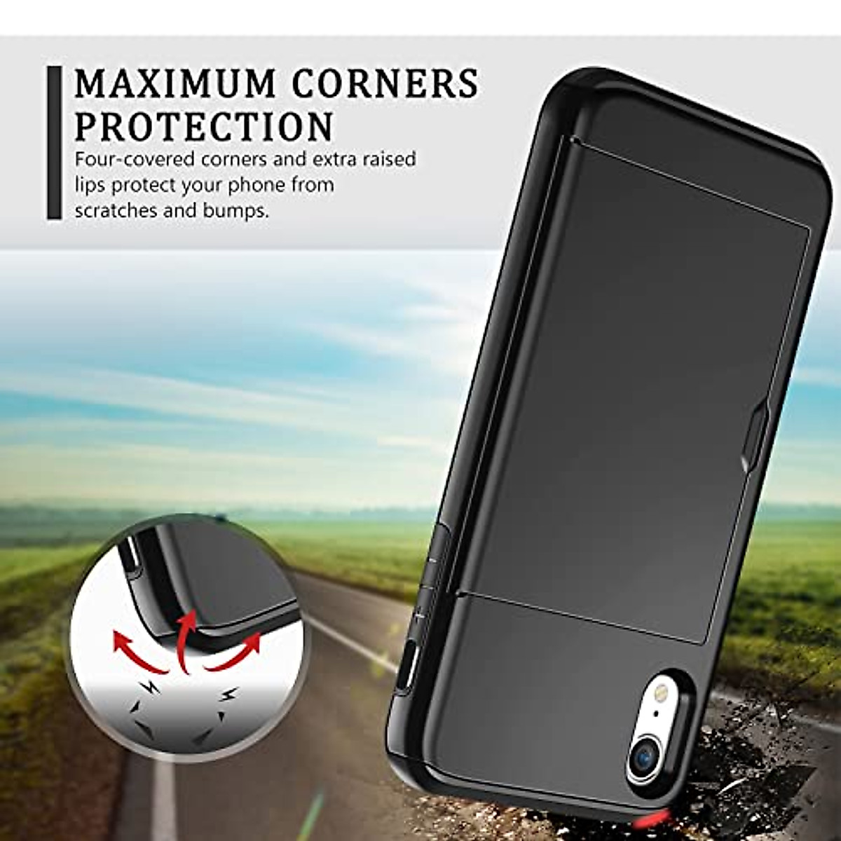 SAMONPOW Case for iPhone XR Hybrid iPhone XR Wallet Case Card Holder Shell Heavy Duty Anti Scratch Dual Layer Hard PC Soft Rubber Bumper Cover for iPhone XR 6.1 inch Black