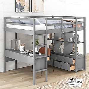 Bellemave Full Loft Bed with Desk and Storage Drawers Wood Beds Frame Bookcase Shelves for Dorm Bedroom Size Bunk Kids Adults Boys Girls Teens, Gray