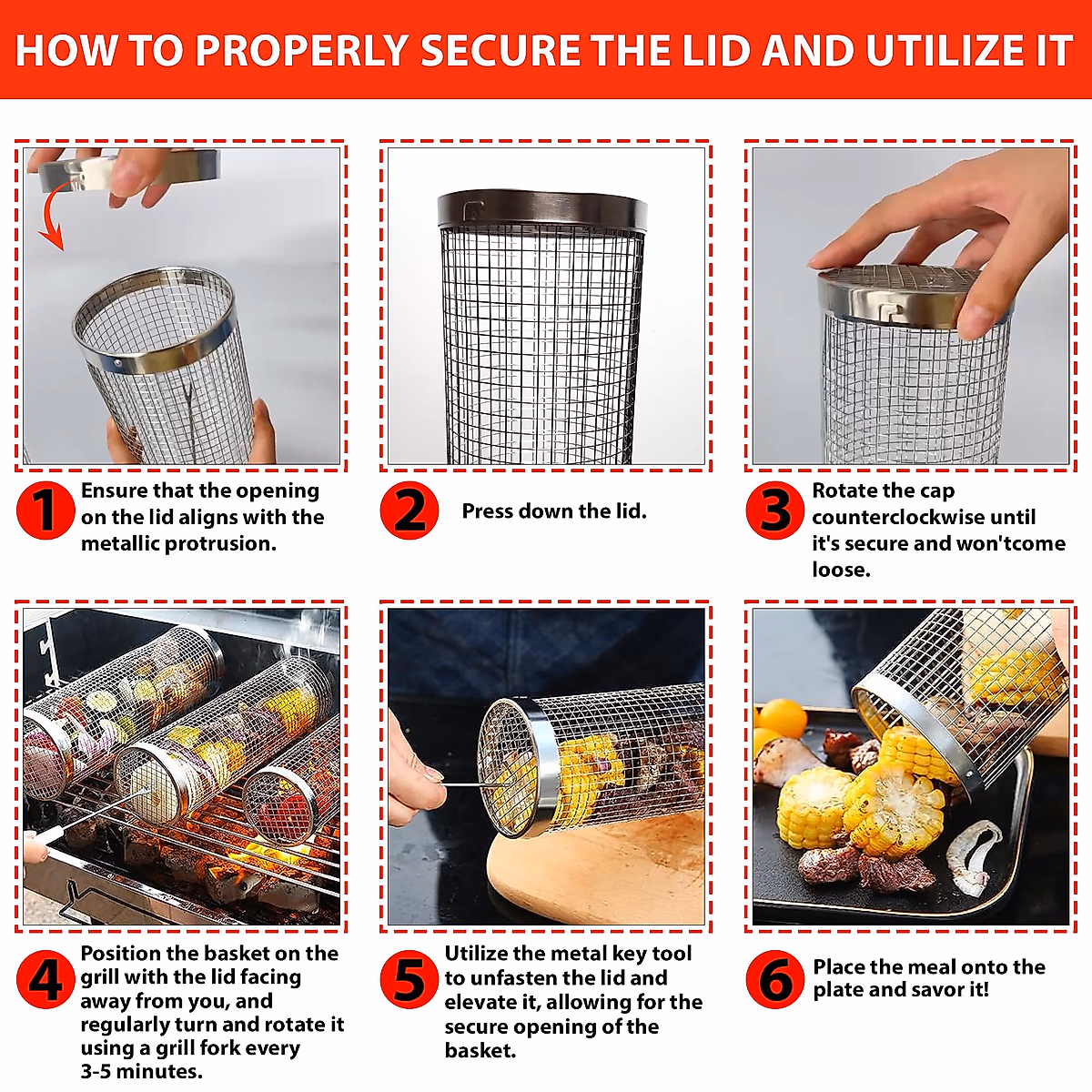 Sunmikosh Rolling Grilling Basket - Barbecue Portable Roll Grill Basket for Outdoor Camping - Stainless Steel BBQ Net Tube Grill Basket, Suitable For Fish, Kabob, Meat, Vegetables, French Fries