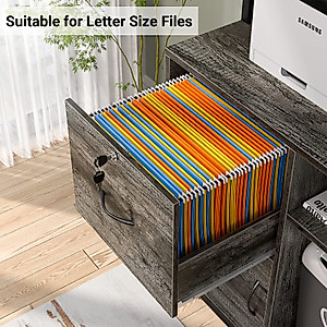Homieasy Vertical Filing Cabinet with Lock & Charging Station, Large Drawer Wood File Cabinet with Bookshelf, Printer Stand with Open Storage Shelf, fits Letter Size for Home Office, Grey Oak
