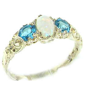 LetsBuyGold 925 Sterling Silver Natural Opal and Blue Topaz Womens Promise Ring - Size 6.5