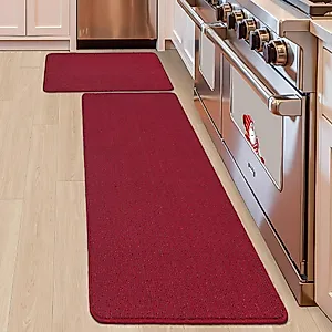 COSY HOMEER 20x30 Inch/20X48 Inch Kitchen Rug Mats Made of 100% Polypropylene Strip TPR Backing 2 Pieces Soft Kitchen Mat Specialized in Anti Slippery and Machine Washable,Red