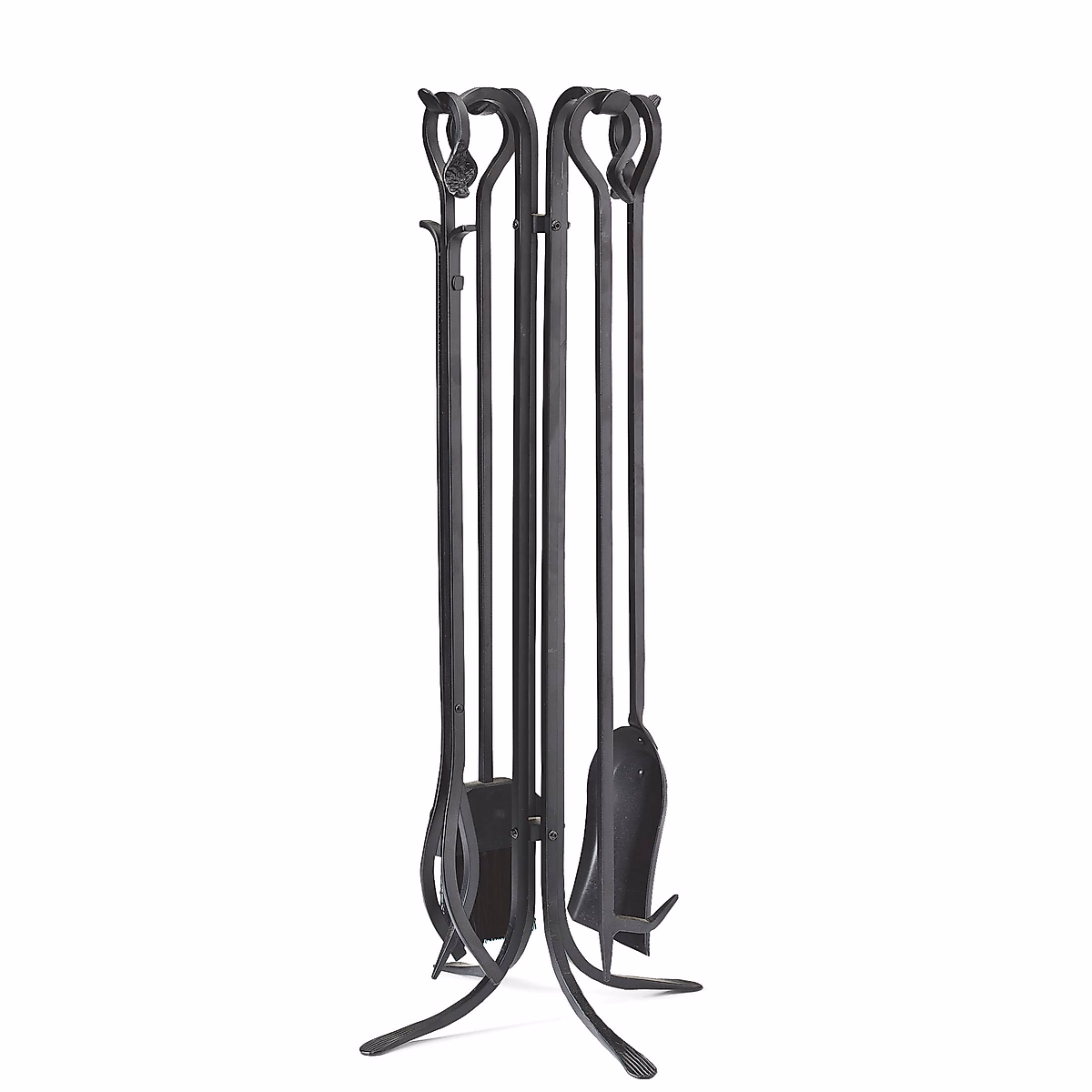 Plow & Hearth 5 Piece Hand Forged Iron Fireplace Tool Set with Poker | Tongs | Shovel | Broom | and Stand 7-in Diam. x 27.5 H Black