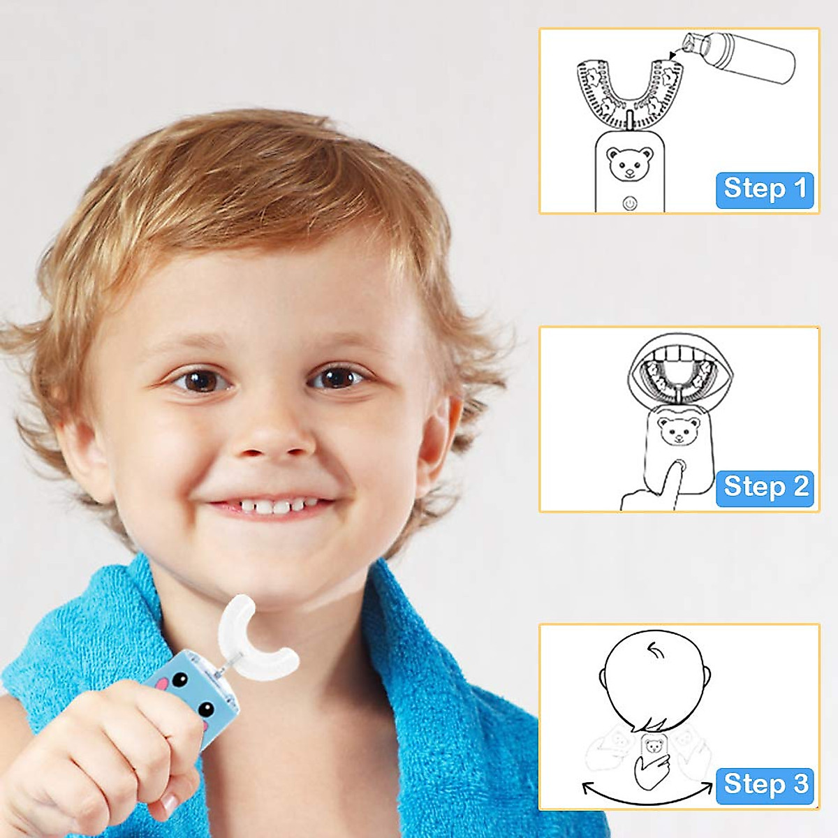 BASHUO Kids Ultrasonic Electric Toothbrush, 6 Gear Speed Mode IPX7 for Sensitive Teeth 360° Oral Cleaning U Shaped Toothbrush for Children Toddler 2-7 Years Old (Pink)