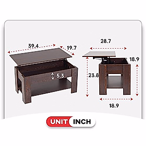 FDW Lift Top Coffee Table with Hidden Compartment and Storage Shelf Wooden Lift Tabletop for Home Living Room Reception Room Office (Espresso)