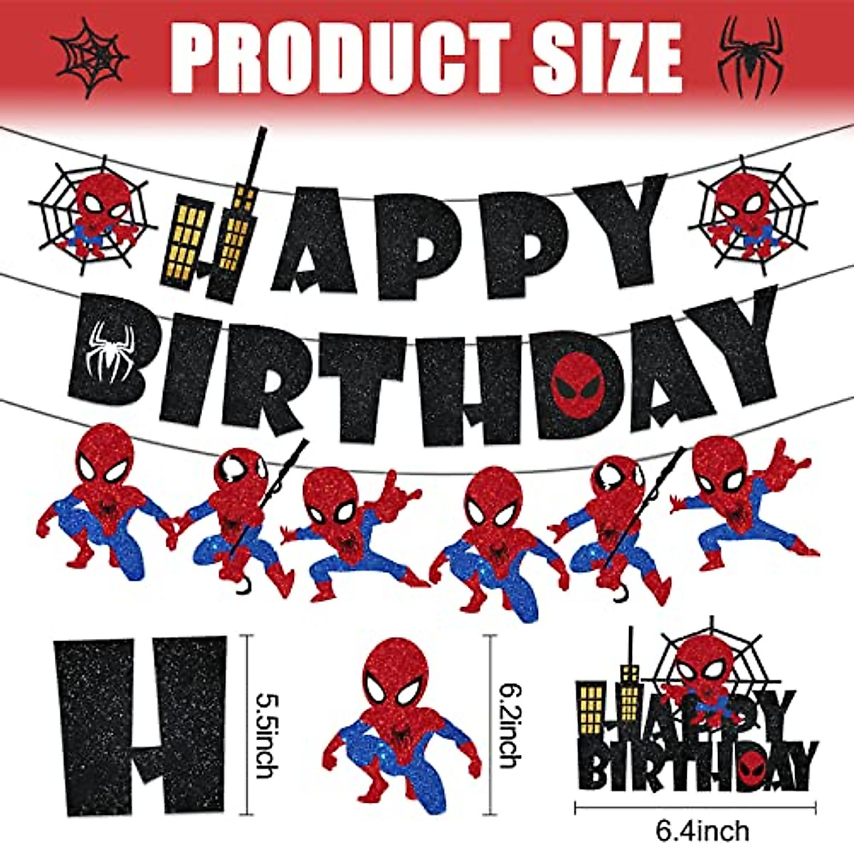 Glittery Spider Hero Birthday Party Banner and Cake Topper Decorations,Red Black Spider Hero Theme Party Decorations Supplies for Kids