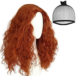 ANOGOL Wig Cap+ Reddish Brown Orange Curly Princess Wig Cosplay, Copper Red Orange Long Curly Wig Princess Dress Up Wig Halloween Costume, Long Orange Ginger Curly Wig for Party