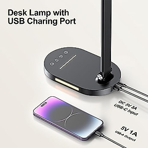 EMOBACO Desk Lamps for Home Office, Eye-Care LED Desk Lamp with USB Charging Port, Touch Control Table Lamp with Night Light Mode, 60 min Timer Desktop Lamp for College Dorm Room Bedroom