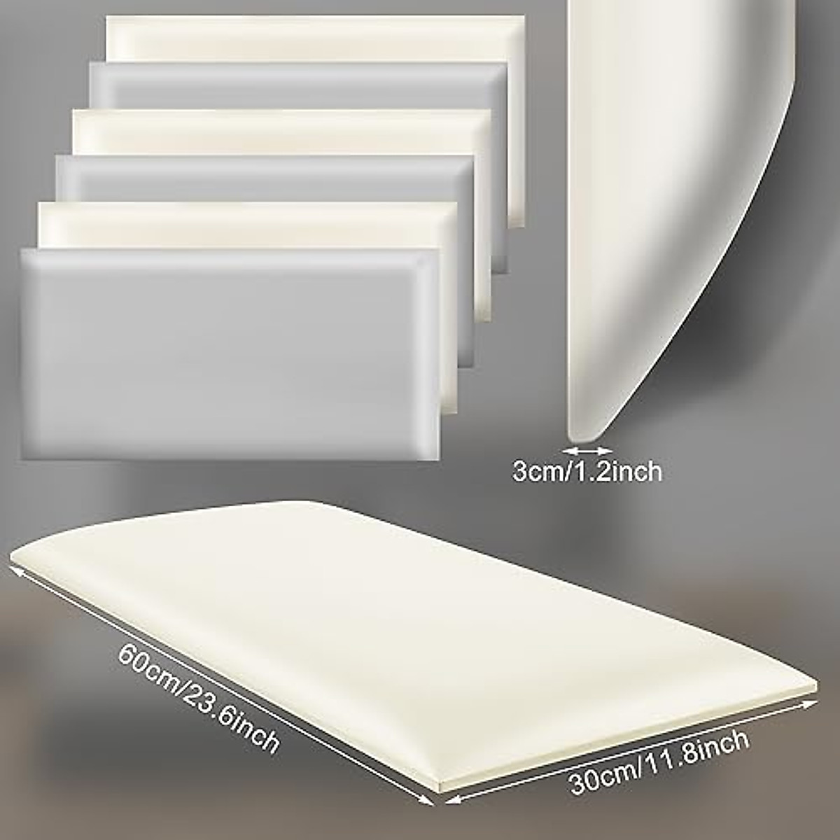 Hanaive Peel and Stick Headboard 23.6'' x 11.8'' Upholstered Wall Panels for Twin, Queen and King 3D Anti Collision Wall Panel Reusable and Removable Padded Wall Panel for Bedroom (Gray, White,6 Pcs)