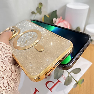KANGHAR Magnetic Glitter Case for iPhone 13 Pro Max Case 6.7 Inch, Clear Plating Love Heart Pattern Design [Compatible with Magsafe Charging] Camera Protection Soft Cover for Women Girls (Gold)