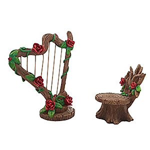 Miniature Rose Harp and Chair Set for The Fairy Garden - Miniature Garden Accessory for The Fairy Figurines by GlitZGlam