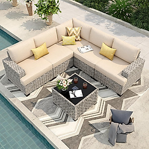 XIZZI 6 Pieces Patio Sectional Furniture Set - All Weather Wicker Rattan Outdoor Modular Sectional Sofa Couch Patio Furniture Set with GlassTable, Patio Conversation Set (Beige)