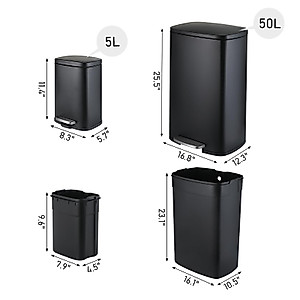 Arlopu 13.2+1.3 Gallon Step Trash Can, Stainless Steel Garbage Bin, Soft-Close Rubbish Bin with Removable Plastic Inner Bucket, Fingerprint-Proof, Lid Dustbin, for Kitchen Home (Black)