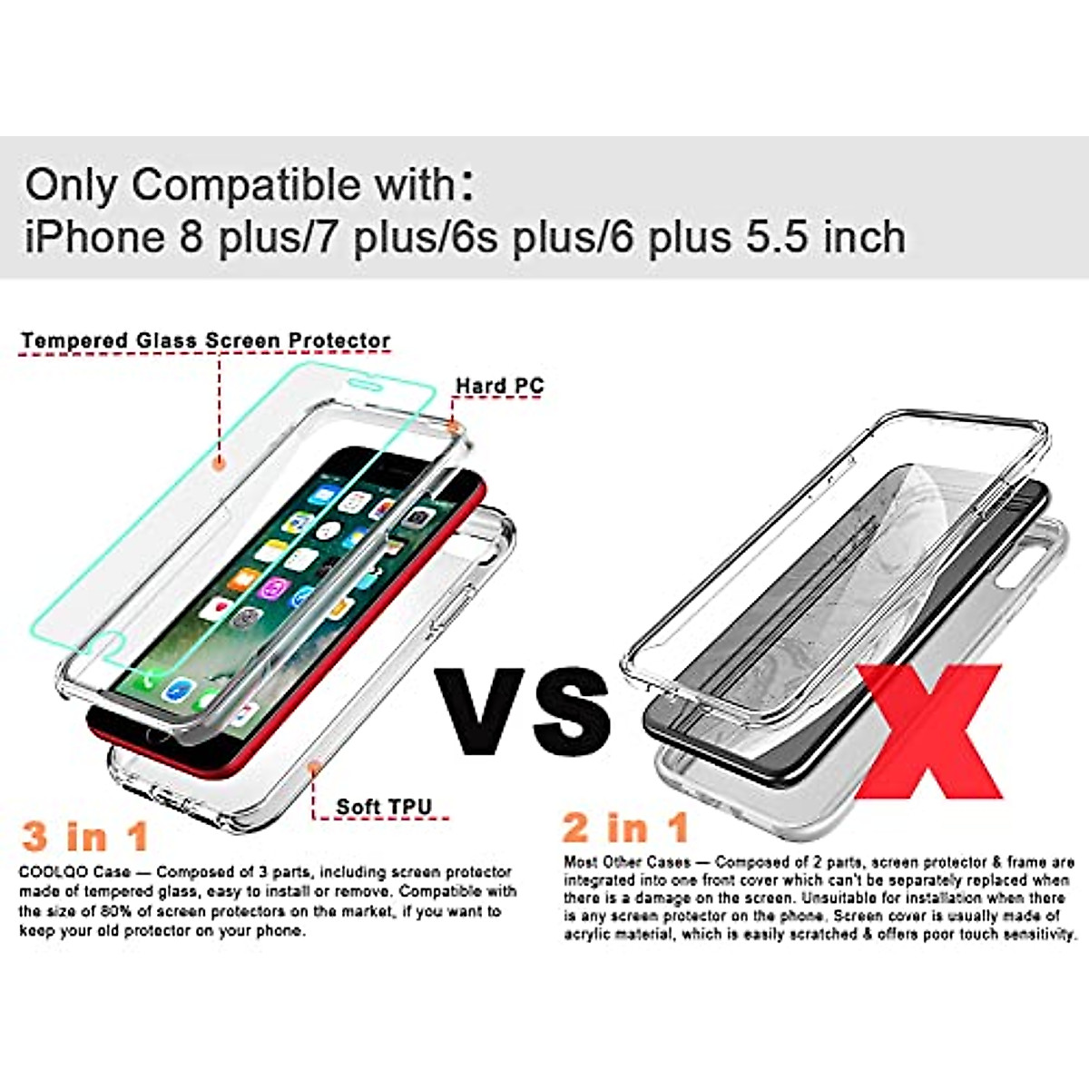 COOLQO Compatible for iPhone 8 Plus/iPhone 7 Plus/iPhone 6S/6 Plus Case, with [2 x Tempered Glass Screen Protector] Clear 360 Full Body Coverage Hard PC+Soft Silicone TPU 3in1 Phone Protective Cover