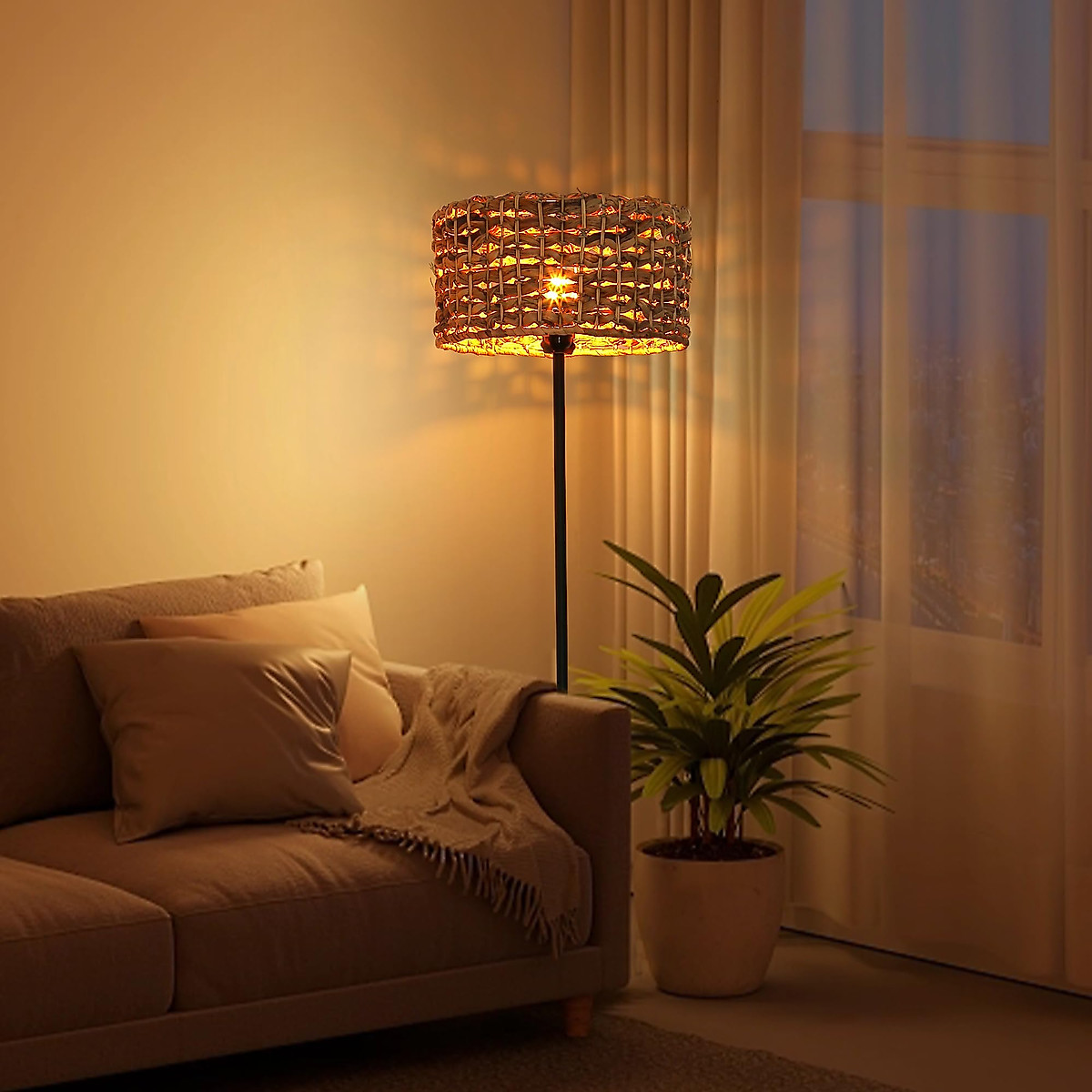 Zompoo Bamboo Rattan Floor Lamp for Living Room, Boho Hand-Worked Woven Cylinder Lampshade Standing Lamp with Foot Switch, Industrial Black Tall Floor Light Decoration for Bedroom, Farmhouse