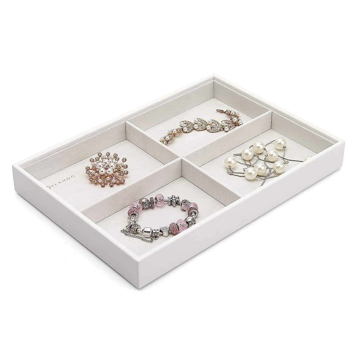 Vlando Jewelry Tray - Faux Leather Glass-top Jewelry Storage Organizer - Earring Necklace Bracelet Ring Display Desktop Drawer Chest, 4-Layer w/Clear Lid, White