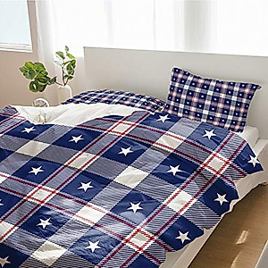 Duvet Cover Sets Independence Day Red White Blue Tartan,3 Pieces Bedding Set Ultra Soft Microfiber Quilt Covers and Pillowcase for Bedroom,USA Flag Star and Stripe Bed Set All Seasons Use