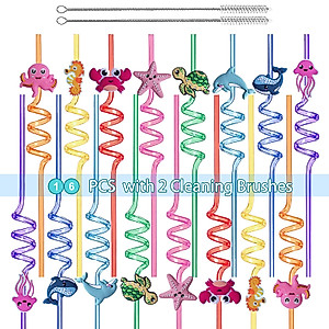 Reusable Sea Animal Straws for Sea Party Favors, 16 PCS Plastic Ocean Creature Drinking Straws Silly Swirly Straws for Kids Party Decorations Beach Ocean Themed Party Supplies with 2 Clean Brushes