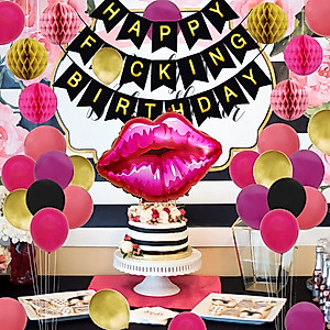 Birthday Decorations for Women Hot Pink Black and Gold, Happy Birthday Banner Black Gold Hot Pink Balloons Kit, Honeycomb Balls Party Supplies, Red Lips Balloon, Funny Birthday Decor Office Her