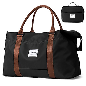 Travel Duffel Bag with Toiletry Bag, Sports Tote Gym Bag, Shoulder Weekender Overnight Bag for Women,Black & Brown