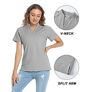 TACVASEN Women's Golf Shirts V Neck Short Sleeve Collarless Active Exercise Tops, Light Grey, L
