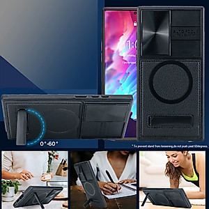 KUGEW for Samsung Galaxy S23 Ultra Case with Kickstand & Camera Cover, 3-Way Metal Stand[Horizontal & Vertical Stand] Luxury Leather Back Slim Fit Rugged Bumper Cover Heavy Duty Shockproof (Black)