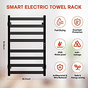 Colliford Towel Warmer, Towel Heater Rack for Bathroom, 8-bar Electric Towel Dryer Wall-Mounted Plug-in Bath Heater, 201 Stainless Steel Hot Towel Rack with Timer and Smart Temperature Control