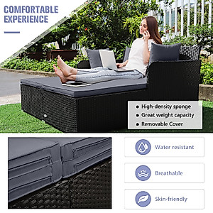 RELAX4LIFE Rattan Patio Outdoor Daybed, Wicker 2-Person Sunbed Loveseat with Soft Cushions, 4 Pillows, Curved Backrest & Armrest, Double Bed Lounger Sofa Set for Balcony Porch, Patio Bed (Grey)