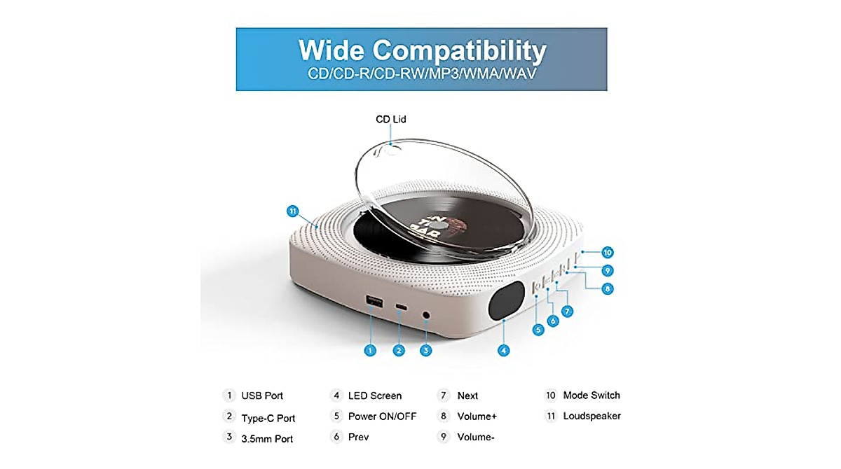 Bluetooth Desktop CD Player with Wall Mount & Speakers | RealinKus