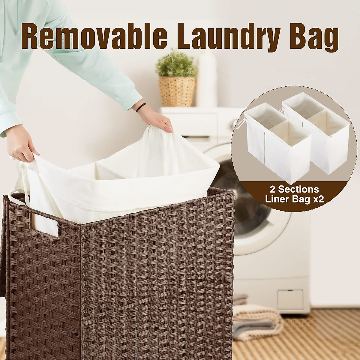 Greenstell Laundry Hamper with Wheels, No Install Needed, 110L Divided Handwoven Hampers & 2 Removable Liner Bags, Rattan Clothes Laundry Basket with Lid & Handles, Foldable Hampers Brown 22x13x26.4In