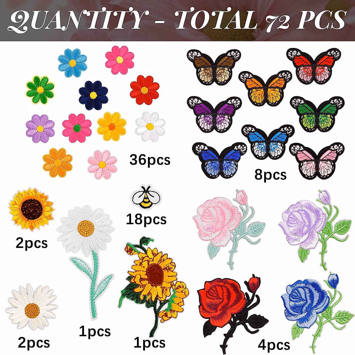 RETON 72 Pcs Embroidered Iron On Patches for Clothing, Butterfly Flower Iron On Patches Set, Bee Rose Daisy Embroidered Patches, Applique Patches for Clothes, Jackets, Jeans, Backpacks