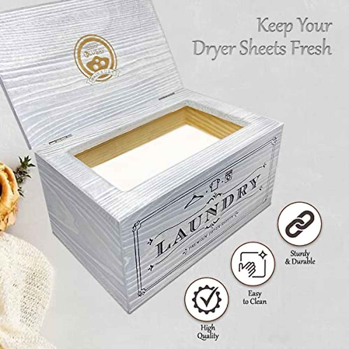 LUSAV Dryer Sheet Holder Dispenser with Hinged Lid for Laundry Room - Farmhouse Decor Dryer Sheets Container - with air Purifying Bag -Rectangular Box (Grayish-White) 7.9''x5''x4.2''