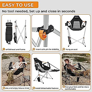 KingCamp Hammock Camping Chair, Aluminum Alloy Adjustable Back Swing Chair Hold Up to 300lbs, Folding Rocking Chair with Removable Footrest Pillow Cup Holder for Adults Outdoor Travel Beach Lawn