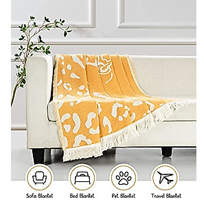 Downhome Cozy Soft Lightweight Throw Blanket for Couch, Cotton Chenille Blend Decorative Woven Knit Boho Throw Blanket,Yellow Leopard Pattern with Tassels