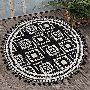 HAOCOO Round Area Rugs 2ft with Pom Pom Ball Fringe Black and Beige Soft Velvet Small Throw Rugs Non-Slip Boho Geometric Floor Carpet for Bedroom Living Room Bathroom Home Decor